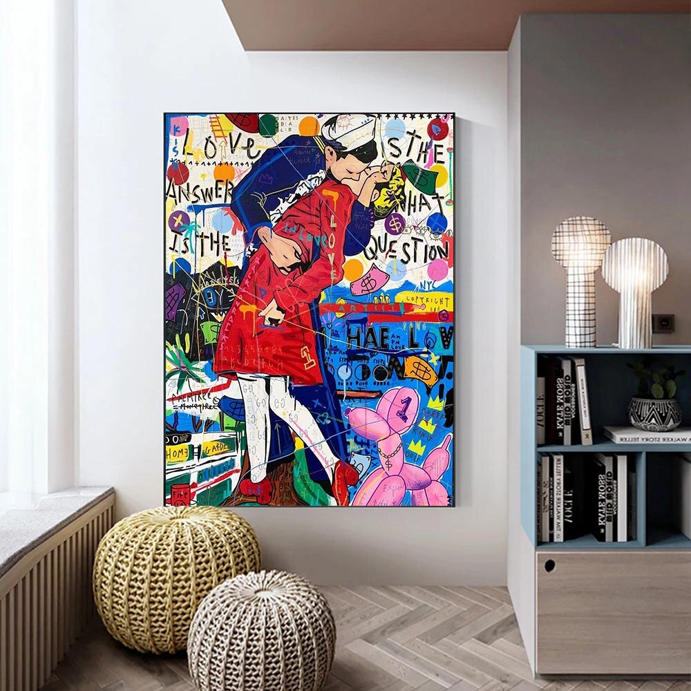 Banksy Abstract Graffiti Couple Kissing Canvas Wall Art | Wall Posters ...