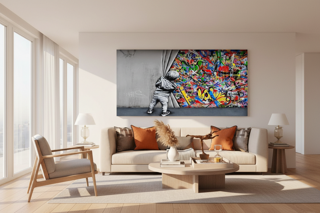 Banksy Boy pulling curtain Canvas Wall Art | Wall Posters – GraffitiWallArt